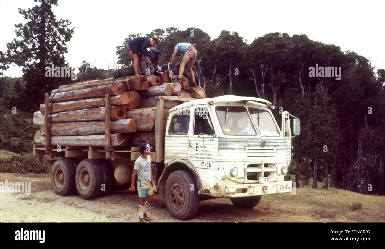 Timber logging lorry transport on Patagonia, Chile, South America 1989 ...