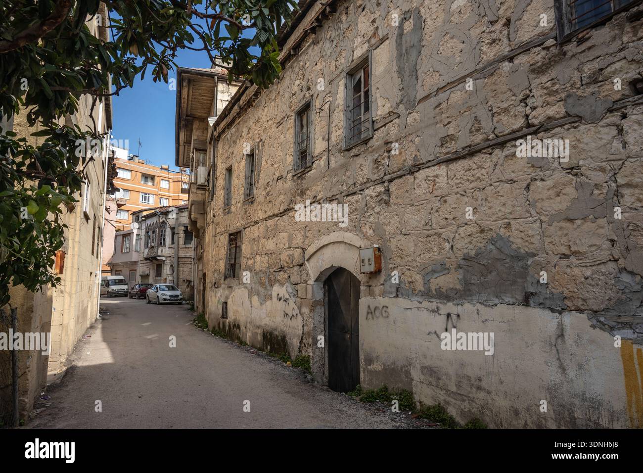 Traditional stone houses and narrow historic streets in the old town of ...