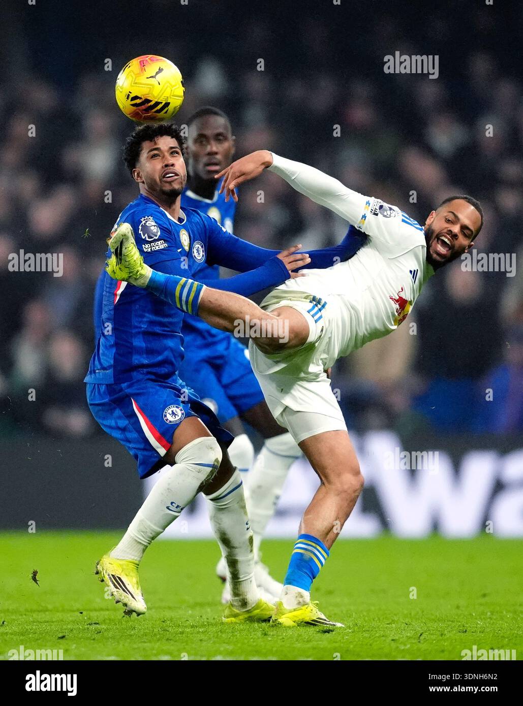 Chelsea's Andrey Santos (left) and Leeds United's Lukas Nmecha battle ...