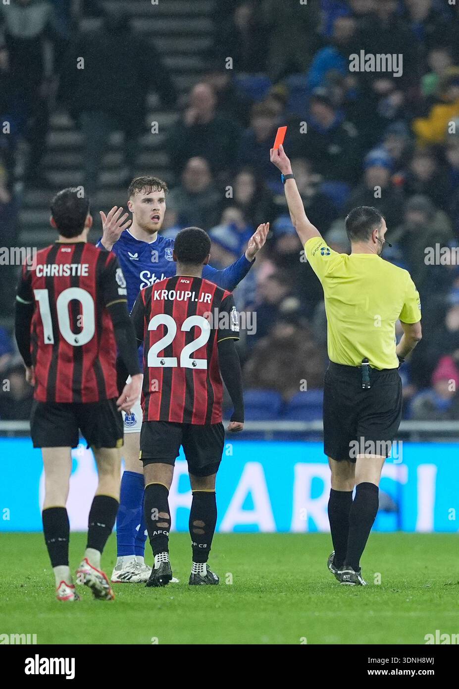 Everton's Jake O'Brien is sent off during the Premier League match at ...