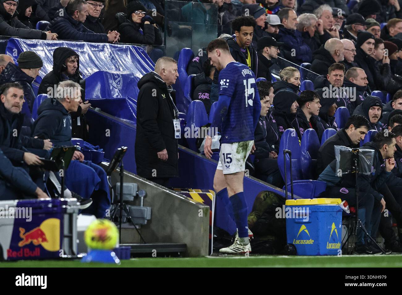 Jake O'Brien of Everton walks down the tunnel after he’s given a red ...