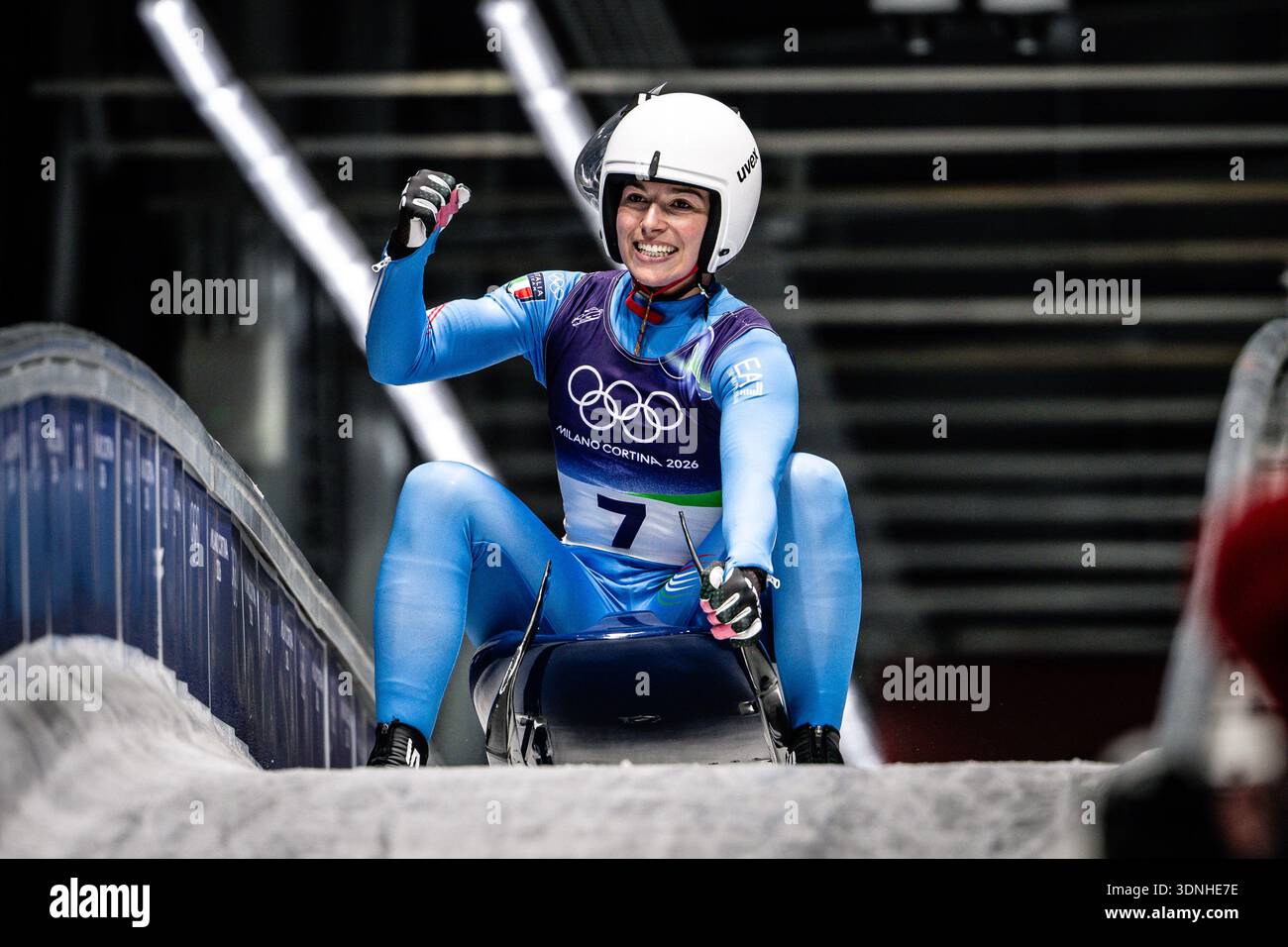 Sandra Robatscher of Italy celebrates as she crosses the finish line ...