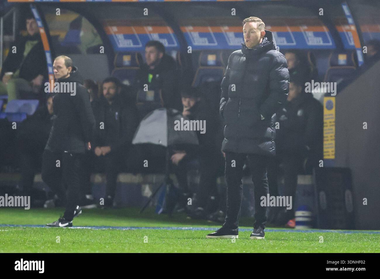 Gavin Cowan, manager of Shrewsbury Town watches the action during the ...