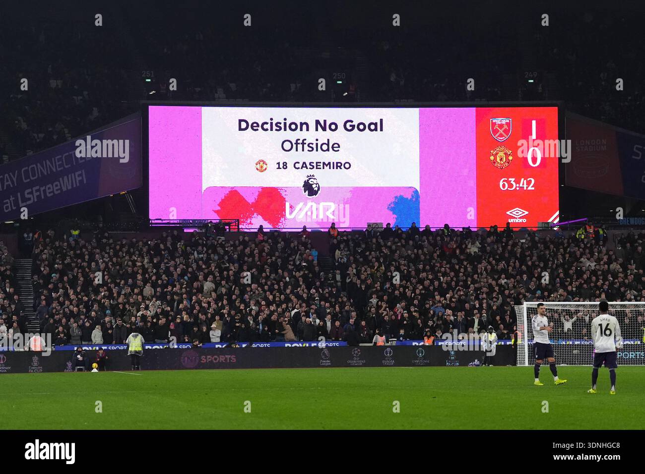 A general view of the VAR check resulting in no goal for Manchester ...