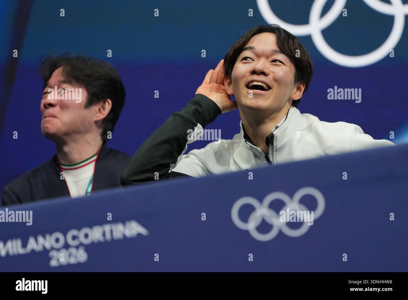 Yuma Kagiyama of Japan communicates with the crowd after competing ...