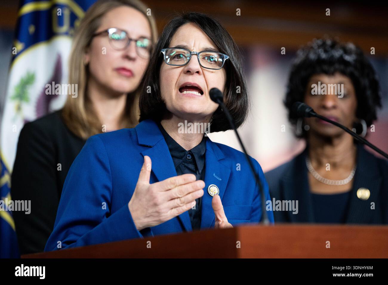U.S. Representative Becca Balint (D-VT) speaking at a press conference ...