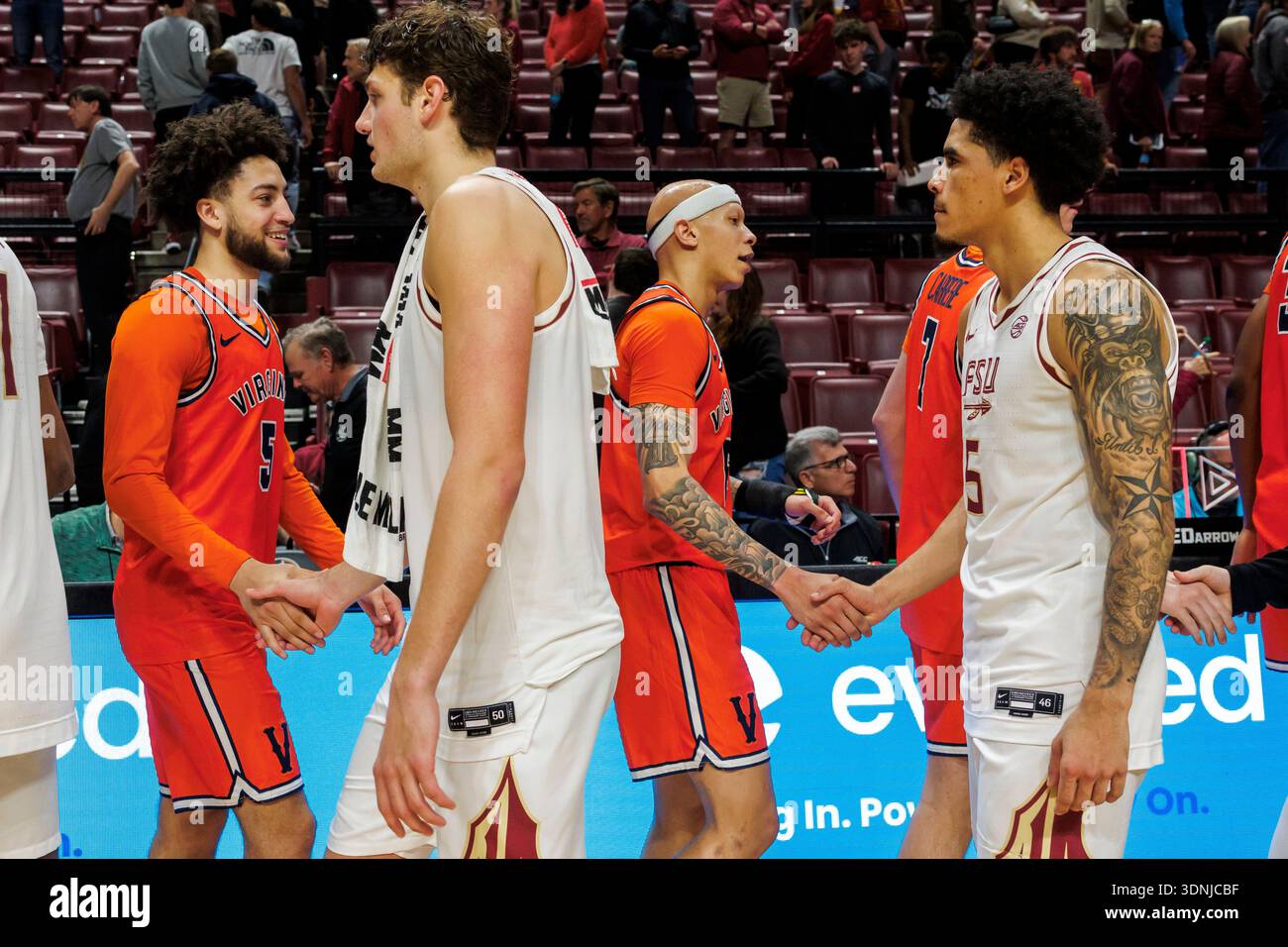Virginia guards Sam Lewis and Jacari White greet Florida State forward ...