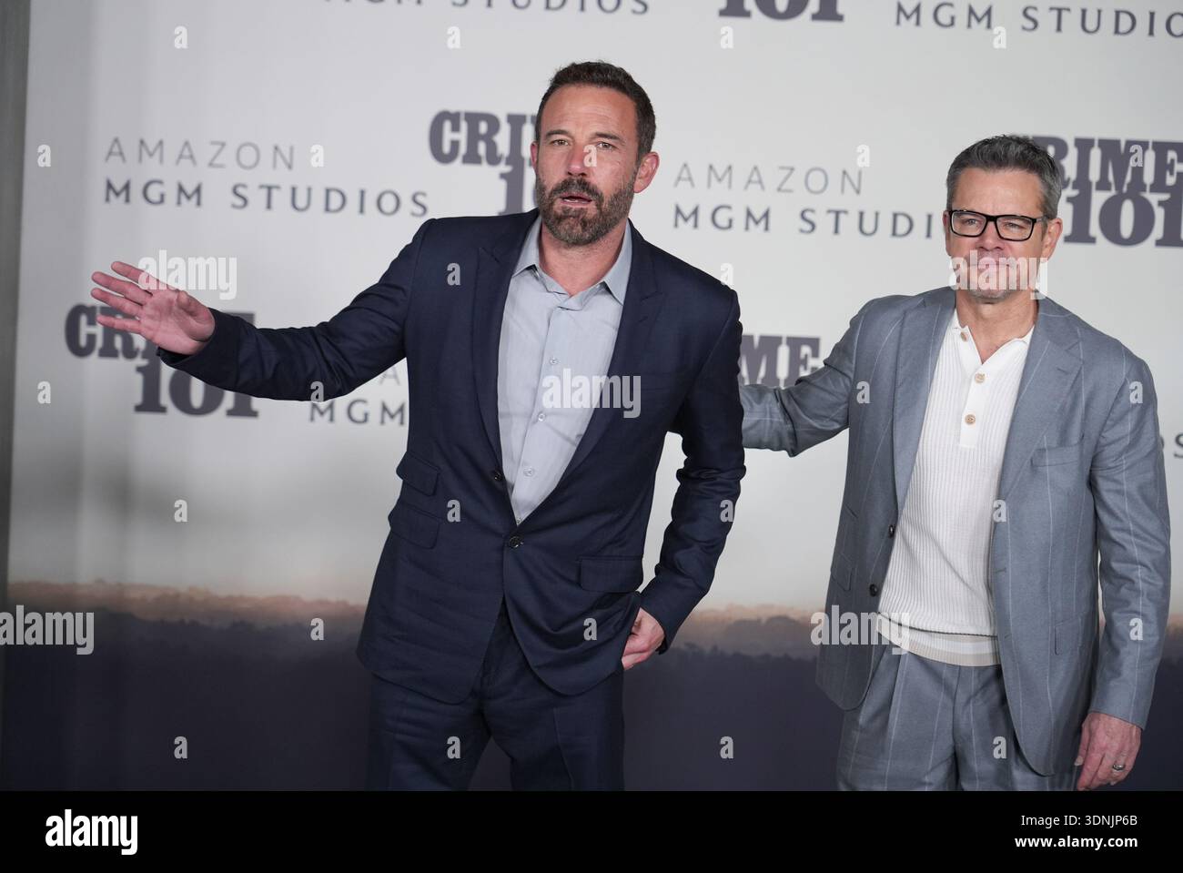 Ben Affleck, left, and Matt Damon arrive at the premiere of "Crime 101 ...