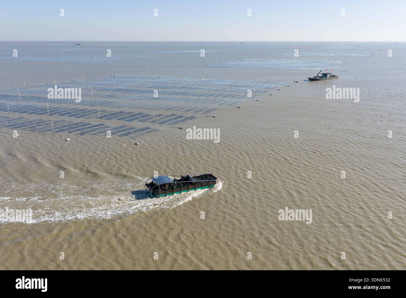 Aerial photo shows fishermen harvesting laver at Haizhou Bay fishing ...