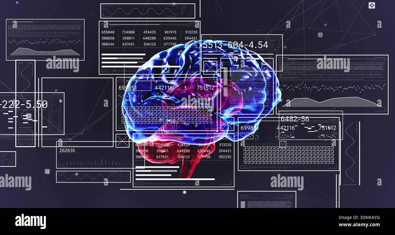 Floating brain model showing neural pathways in virtual HUD, with UI ...