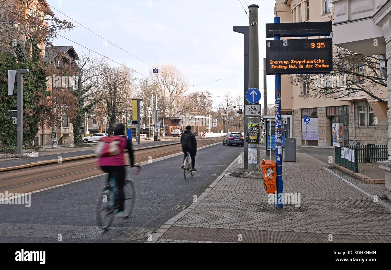 11 February 2026, Leipzig: A streetcar sign says that the Zeppelin ...