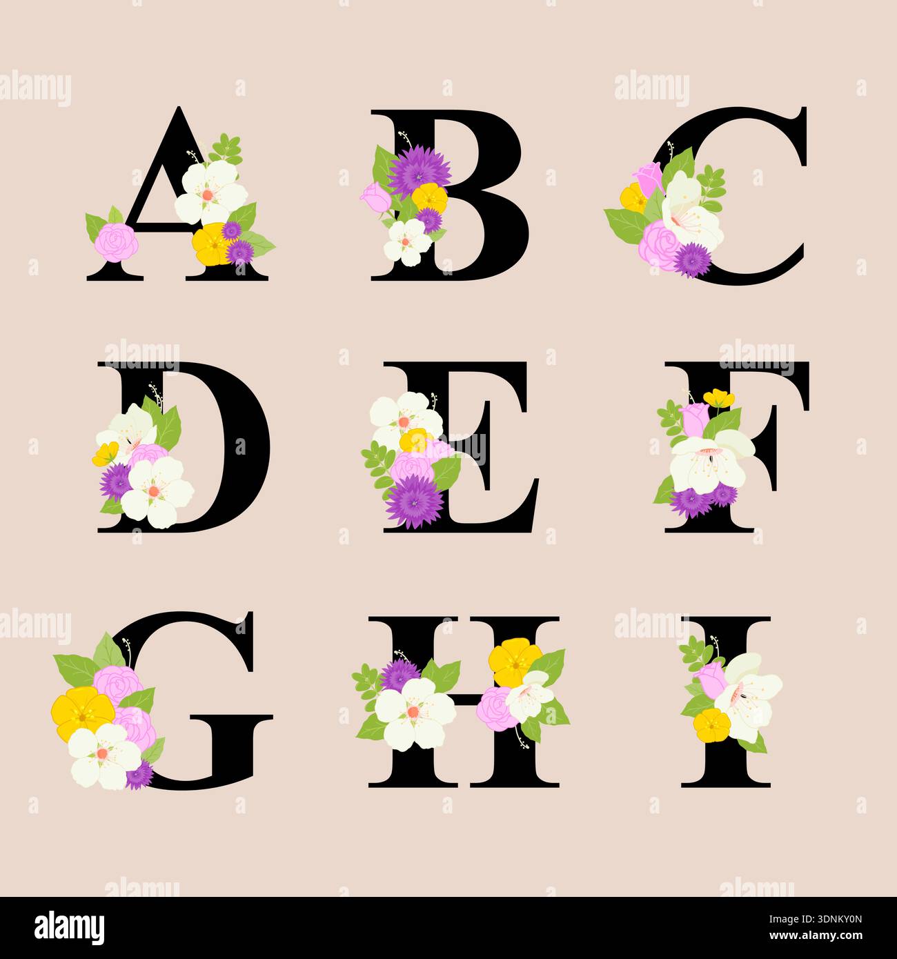 Set of elegant alphabet font decorated with with colorful flowers. A to ...