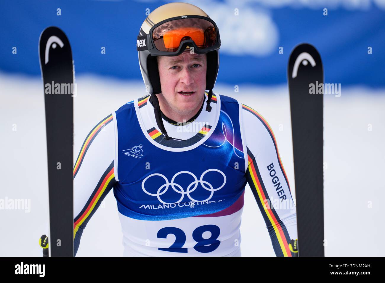 Germany's Simon Jocher at the finish area, during a men's super-G race ...