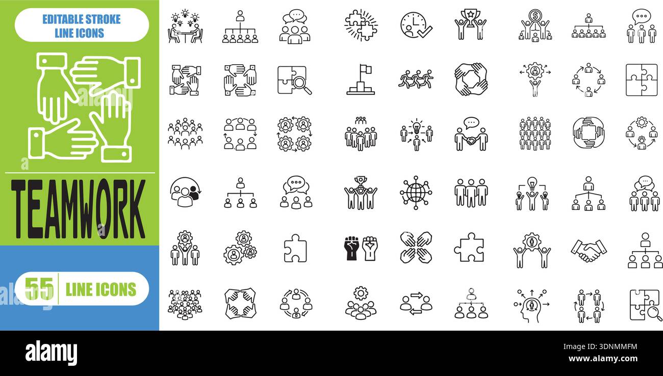 Business Teamwork Line Icon Set for Collaboration, Partnership ...