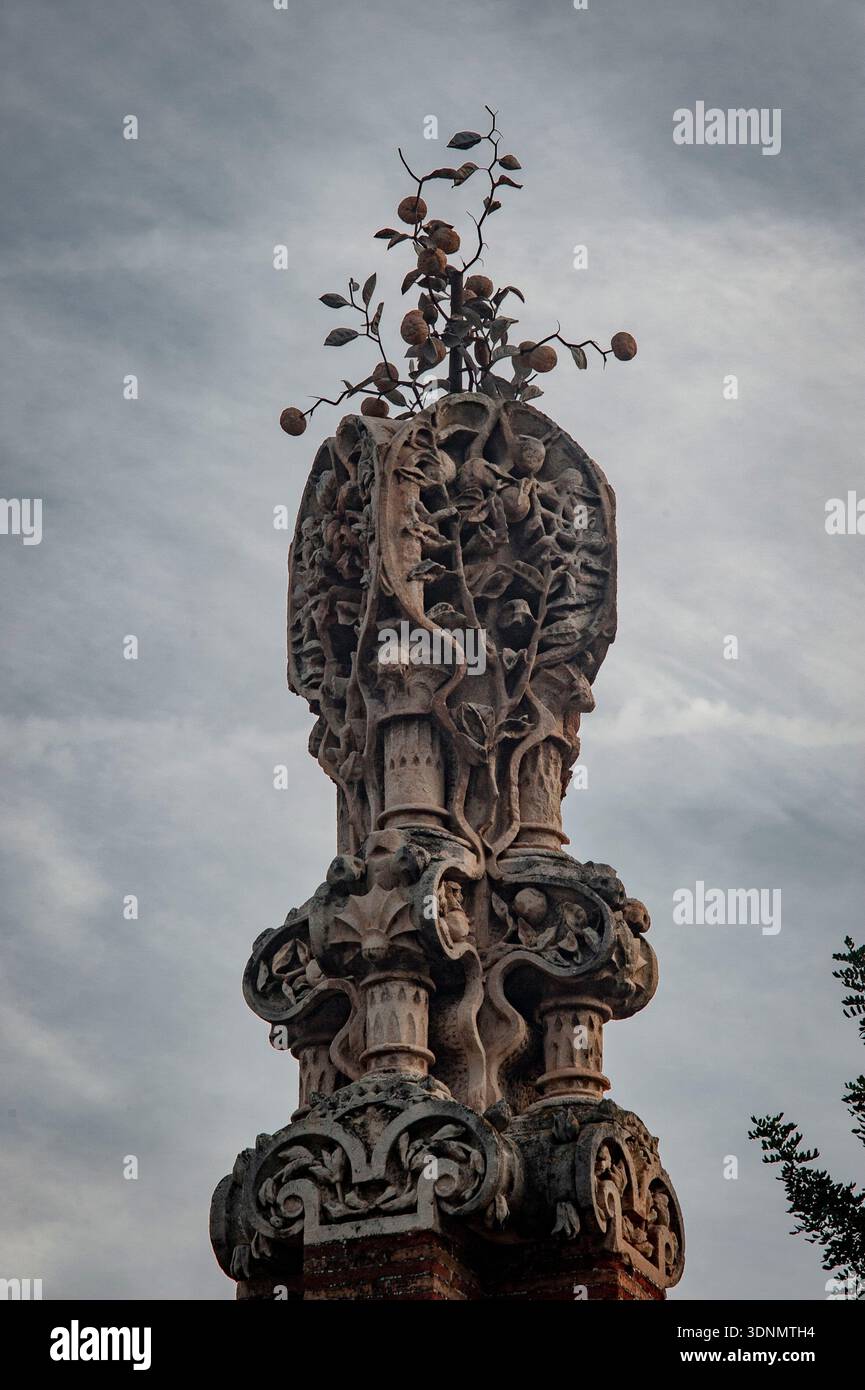 Detail of a sculpted capital depicting an orange tree atop one of the ...