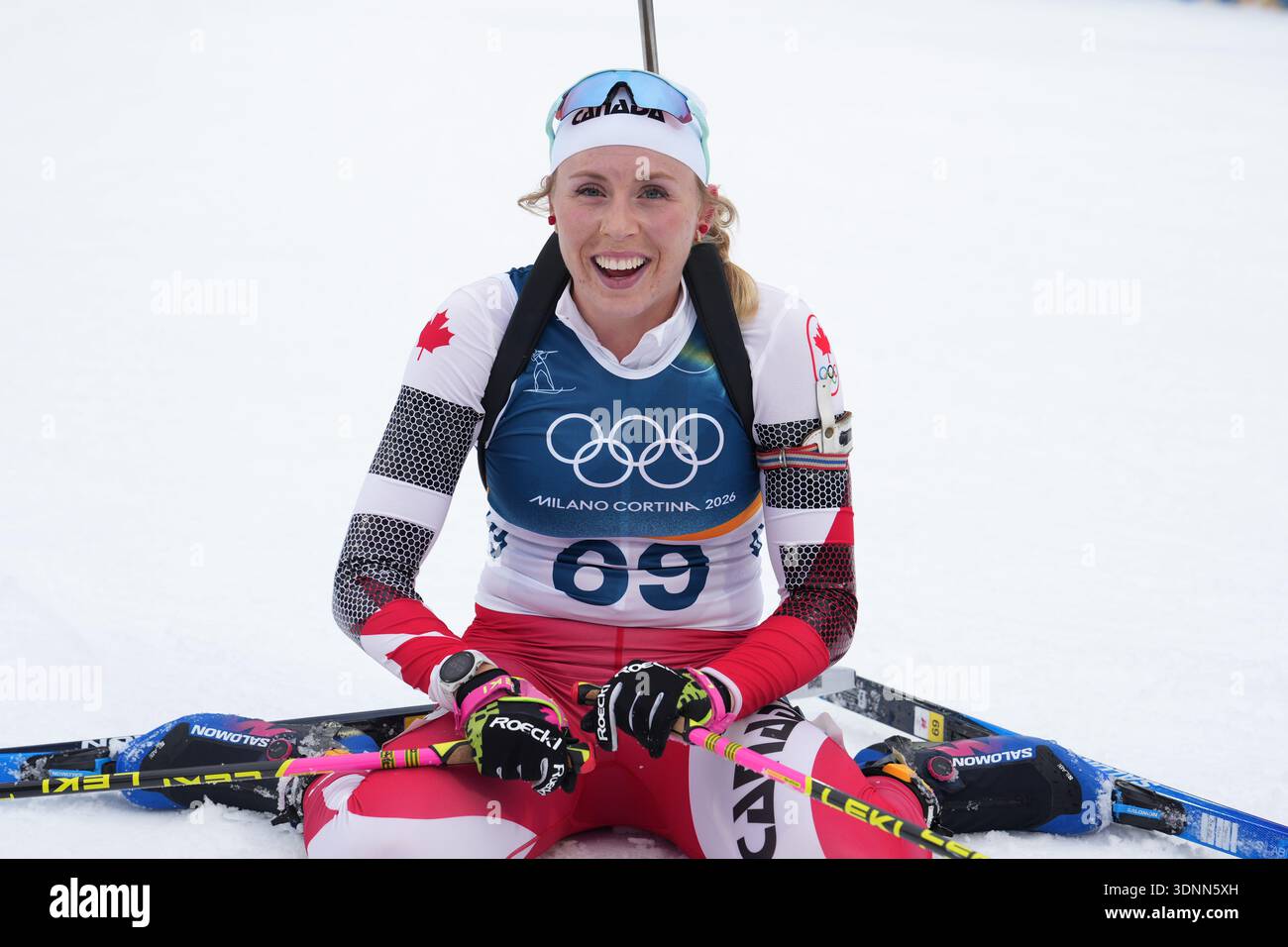 Pascale Paradis, of Canada, reacts after competing in the women's 15 ...