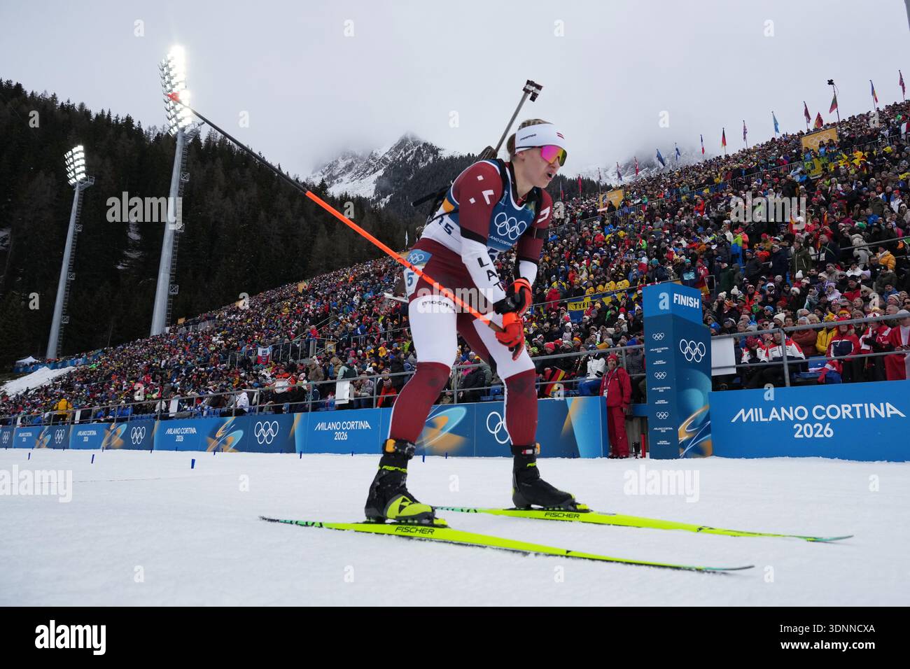 Sanita Bulina, of Latvia, reacts in the finish area of the women's 15 ...