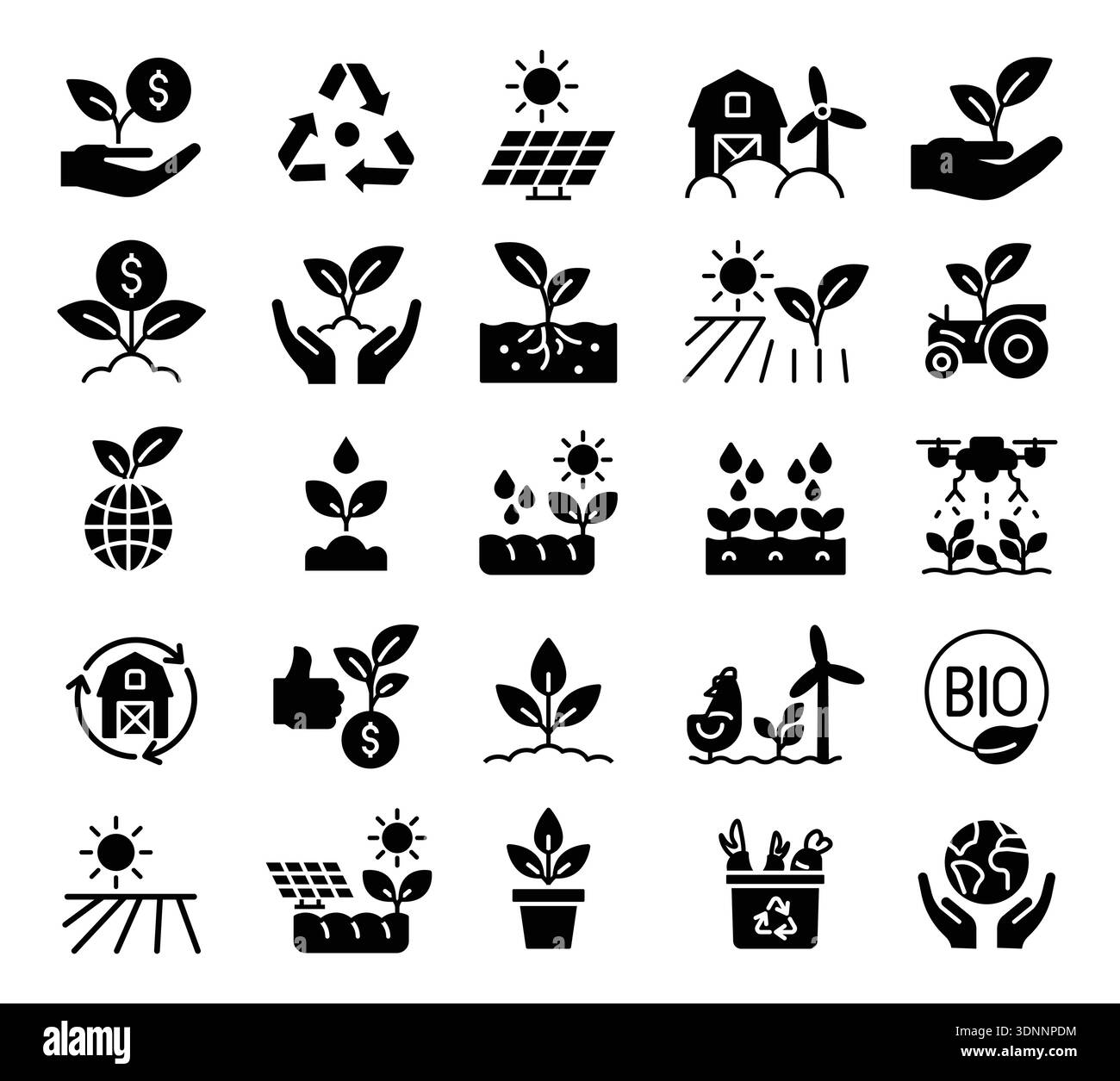A collection of black icons representing green sustainability concepts ...