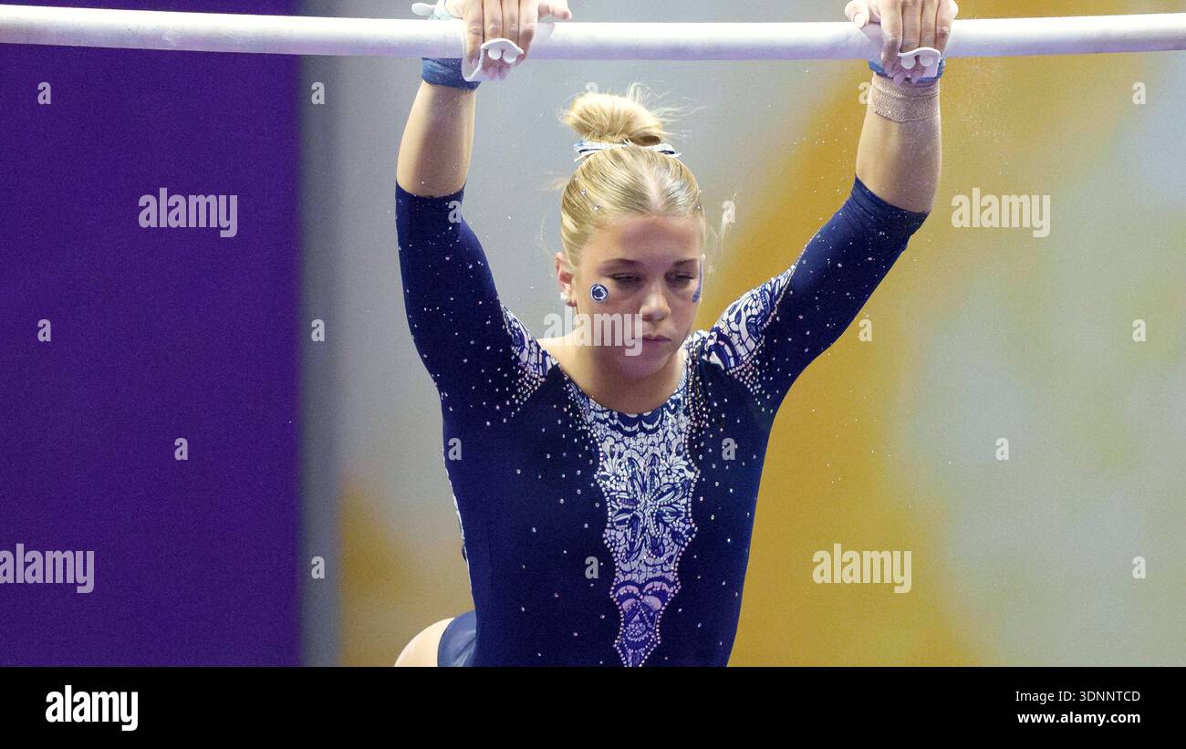 Penn State gymnast Ellie Monahan performs on the uneven bars during an ...