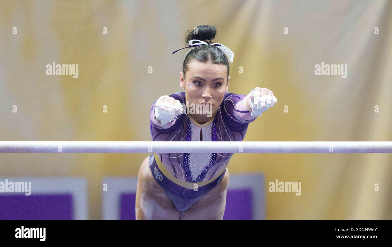 LSU gymnast Alexis Jeffrey performs on the uneven bars during an NCAA ...
