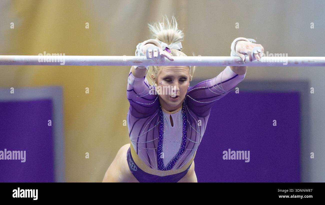 LSU gymnast Courtney Blackson performs on the uneven bars during an ...