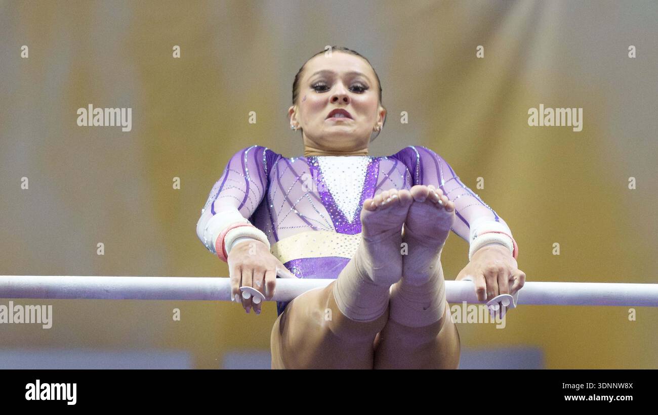 LSU gymnast Lexi Zeiss performs on the uneven bars during an NCAA ...