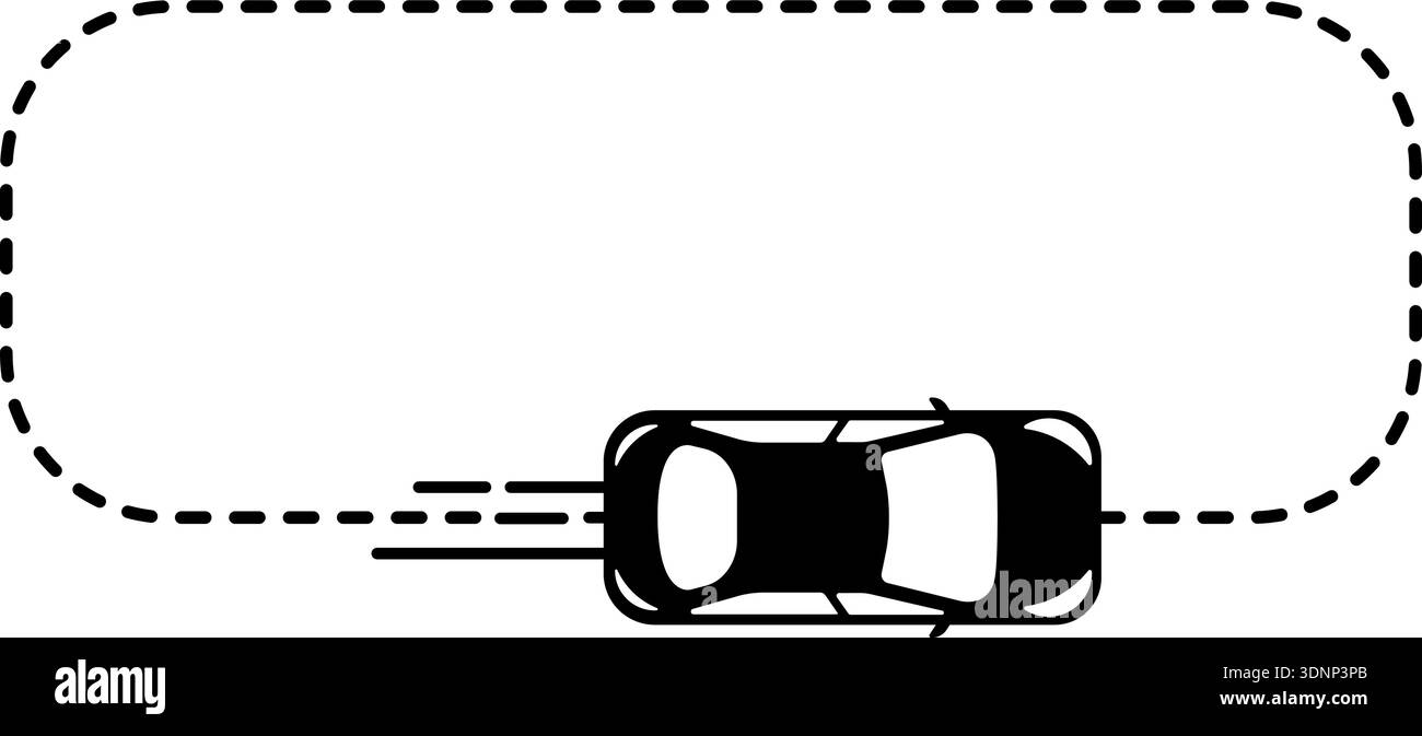 Top-view car icon with dashed line trail following a geometric ...