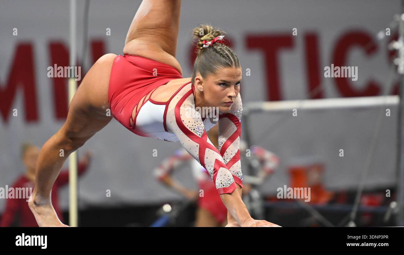 Arkansas gymnast Cami Weaver competes on the beam during an NCAA ...