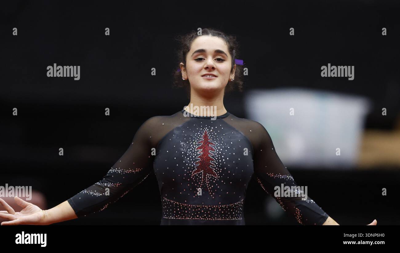 Stanford gymnast Sienna Robinson competes on the floor during an NCAA ...