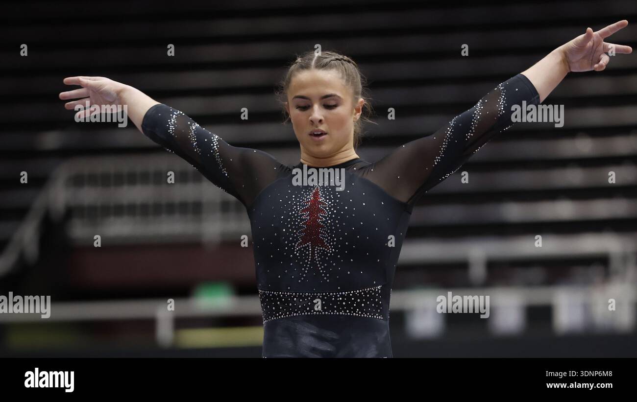 Stanford gymnast Emily Roberts competes on the beam during an NCAA ...