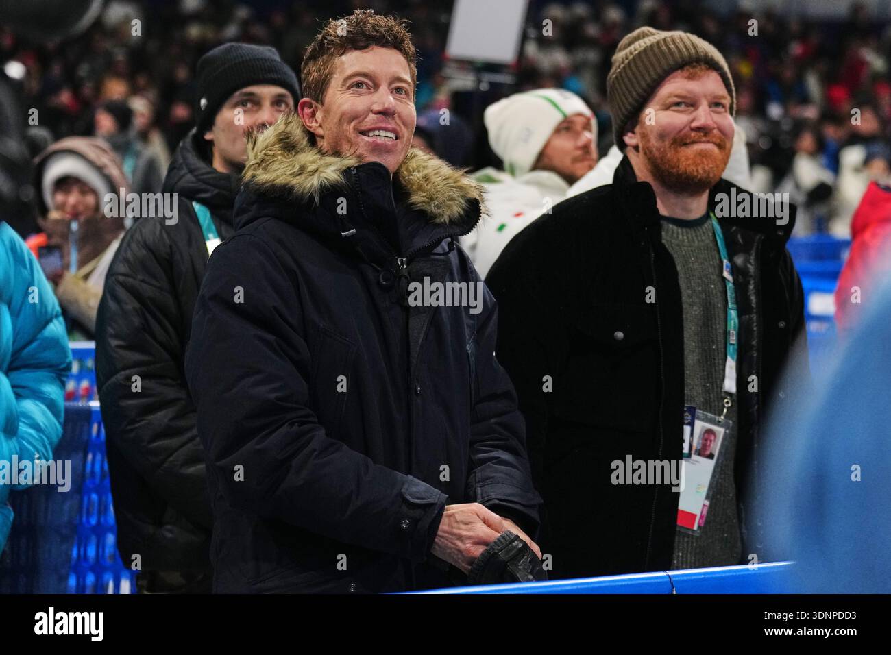 Shaun White watches competition during the men's snowboarding halfpipe ...