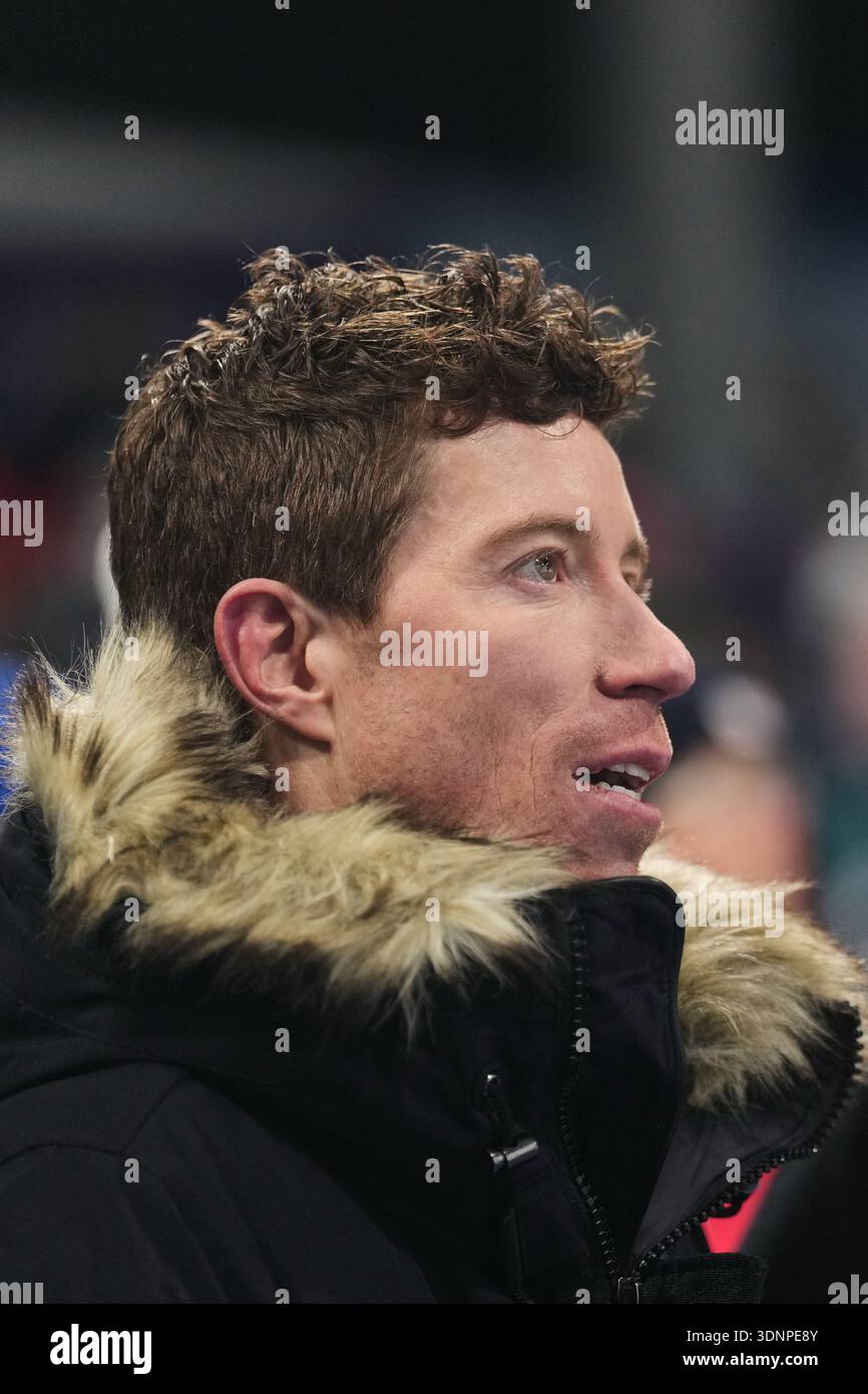 Shaun White watches competition during the men's snowboarding halfpipe ...