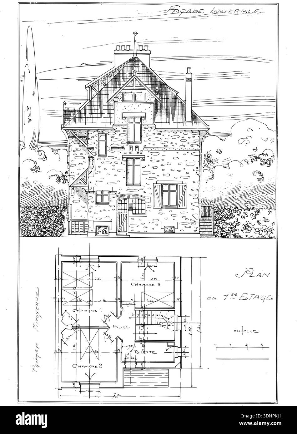 Vintage House Elevation and First Floor Plan Blueprint Stock Vector ...