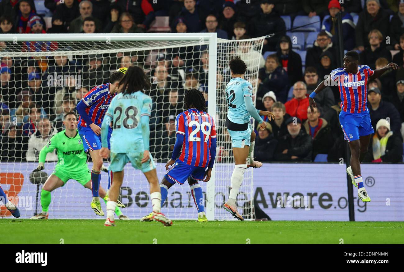London, England, 11th February 2026. Bashir Humphreys of Burnley heads ...