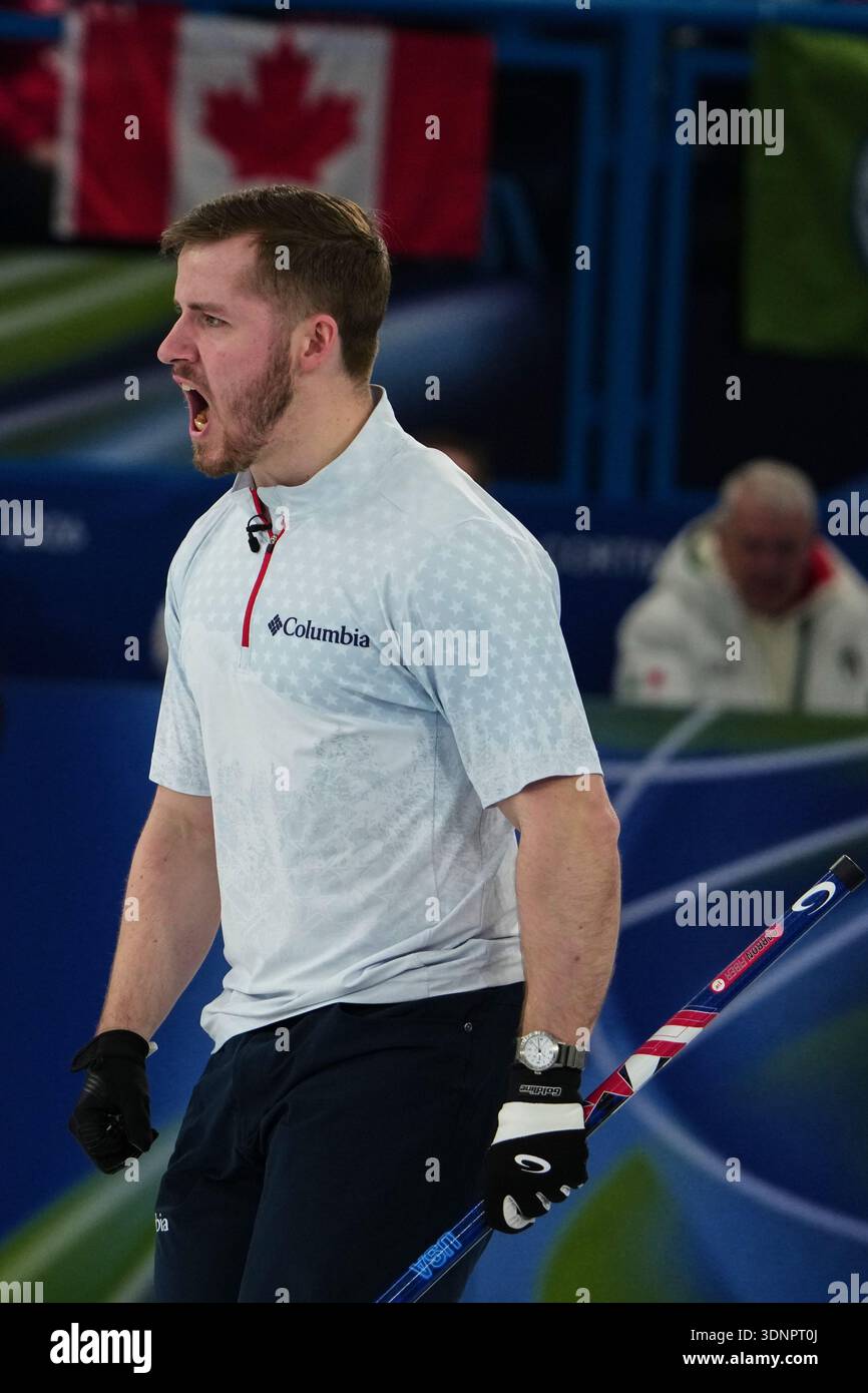 United States' Ben Richardson reacts during the men's curling round ...