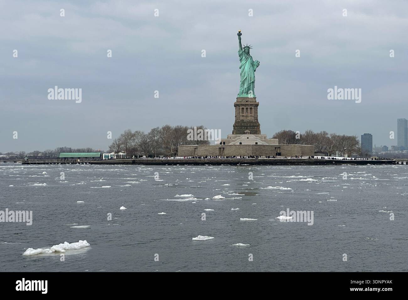 Ice is in front of the Statue of Liberty as seen from the Coast Guard ...