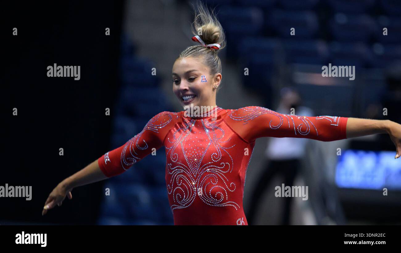Arizona gymnast Emma Strom performs a routine on the floor during an ...