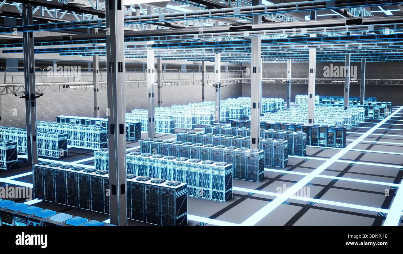 Data center equipment with blue VFX overlay over modular blade servers ...
