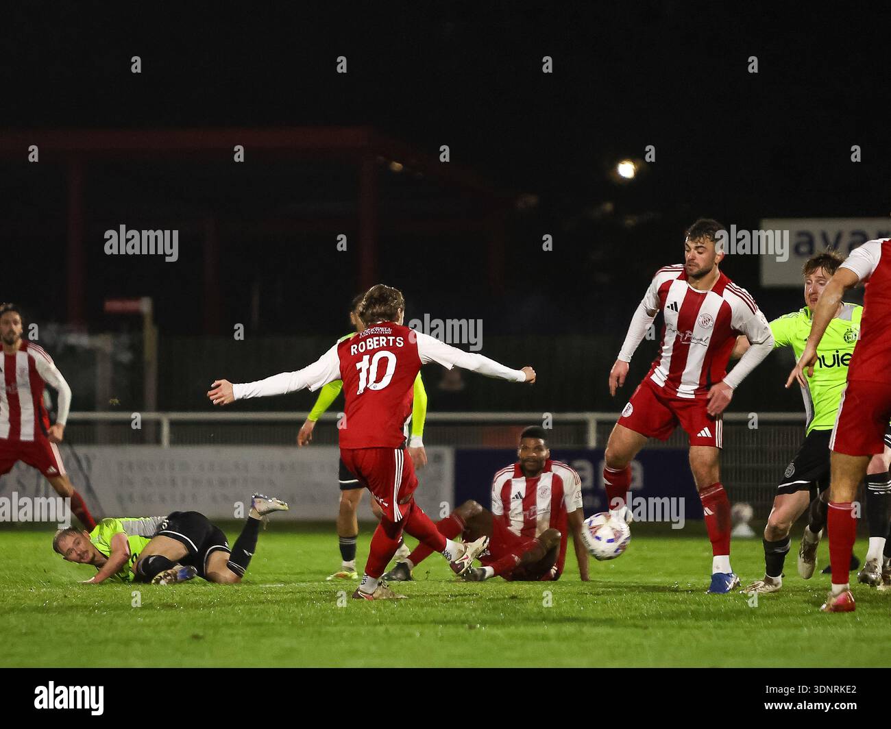 BRACKLEY, ENGLAND - FEBRUARY 11: Morgan Roberts of Brackley Town shoots ...