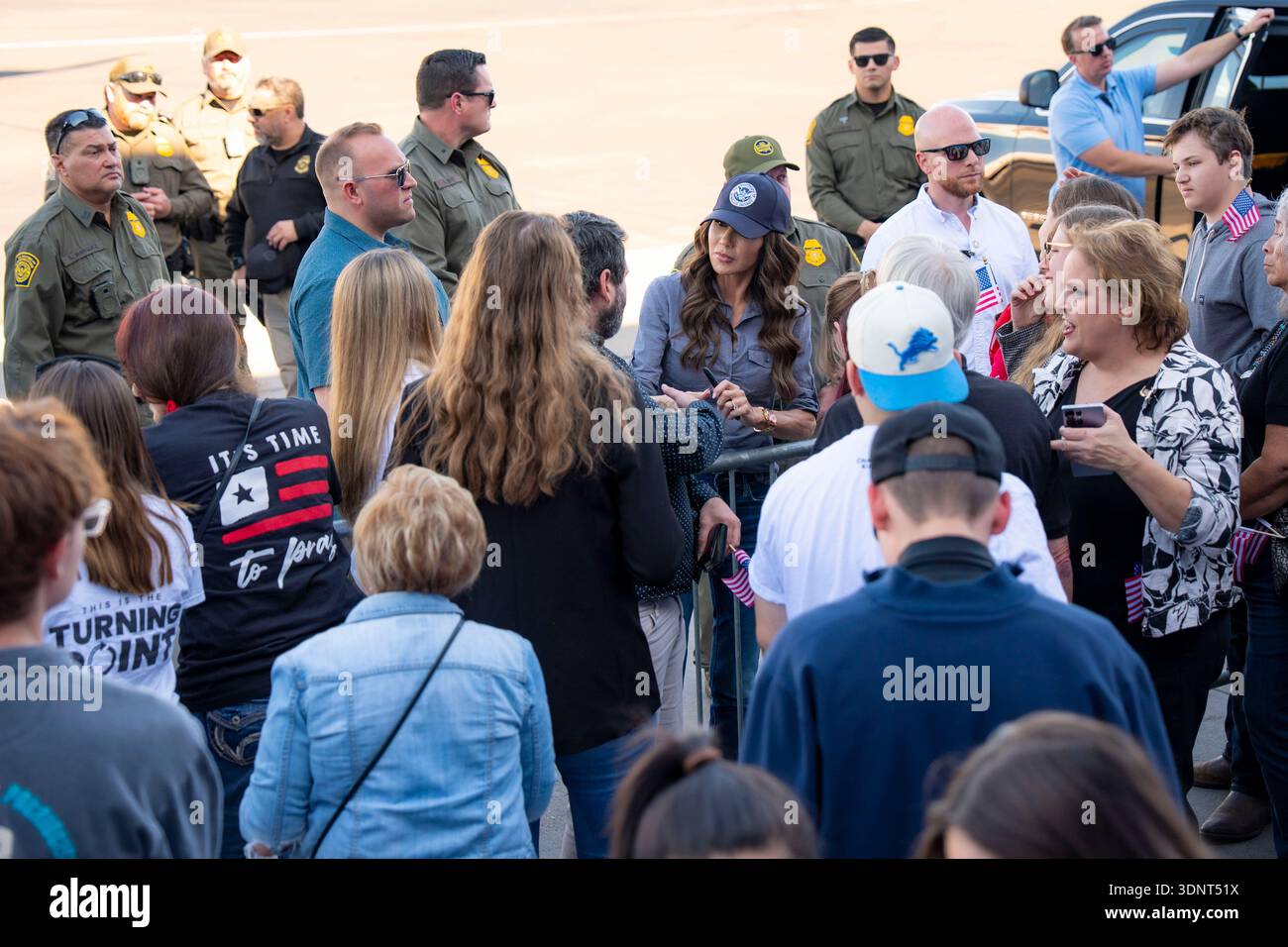 Department of Homeland Security Secretary Kristi Noem is greeted by ...