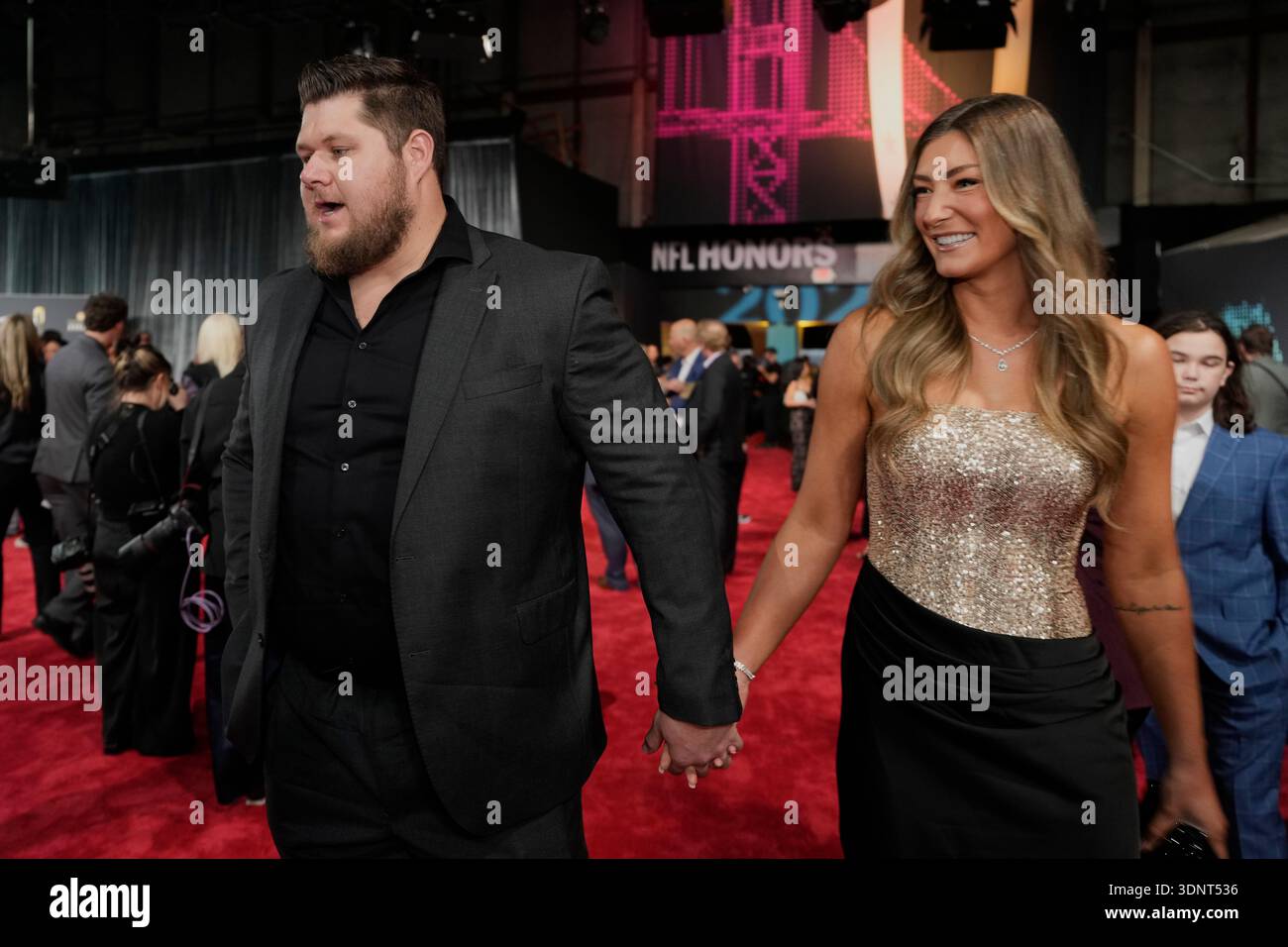 Kansas City Chiefs' Creed Humphrey, left, and Ana Demmer arrive before ...