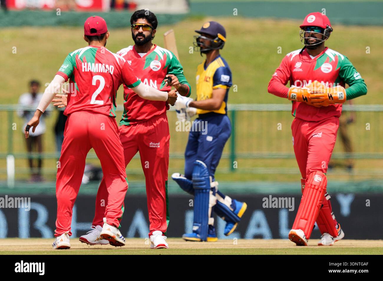 Oman's Jay Odedra, second left, celebrates with teammates the wicket of ...