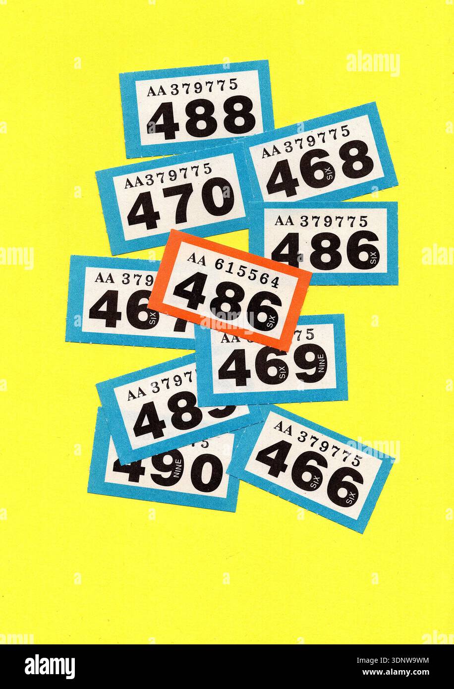 Vintage raffle tickets with one in a different colour isolated on a ...
