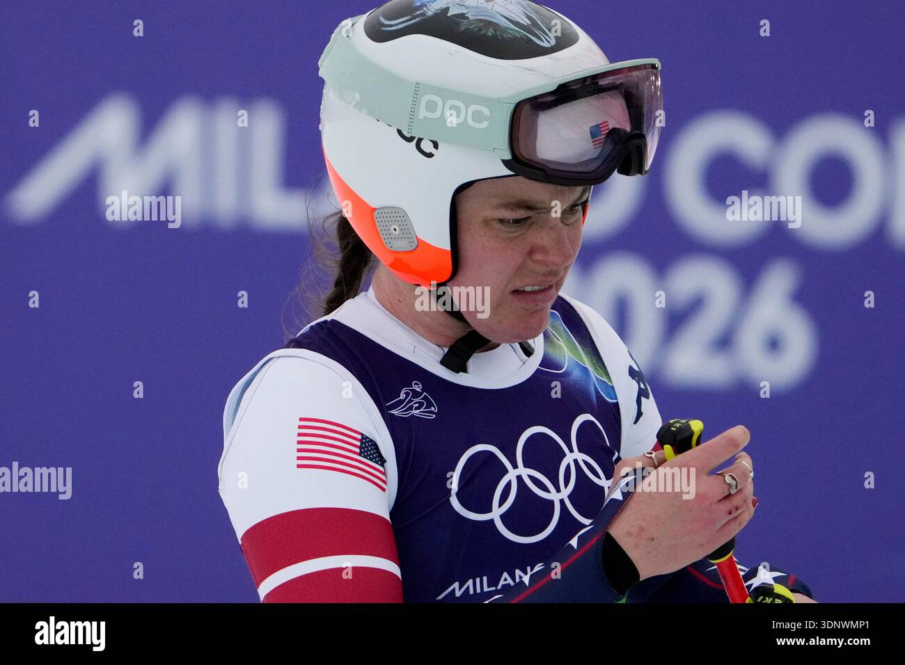 United States' Breezy Johnson reacts at the finish area after crashing ...