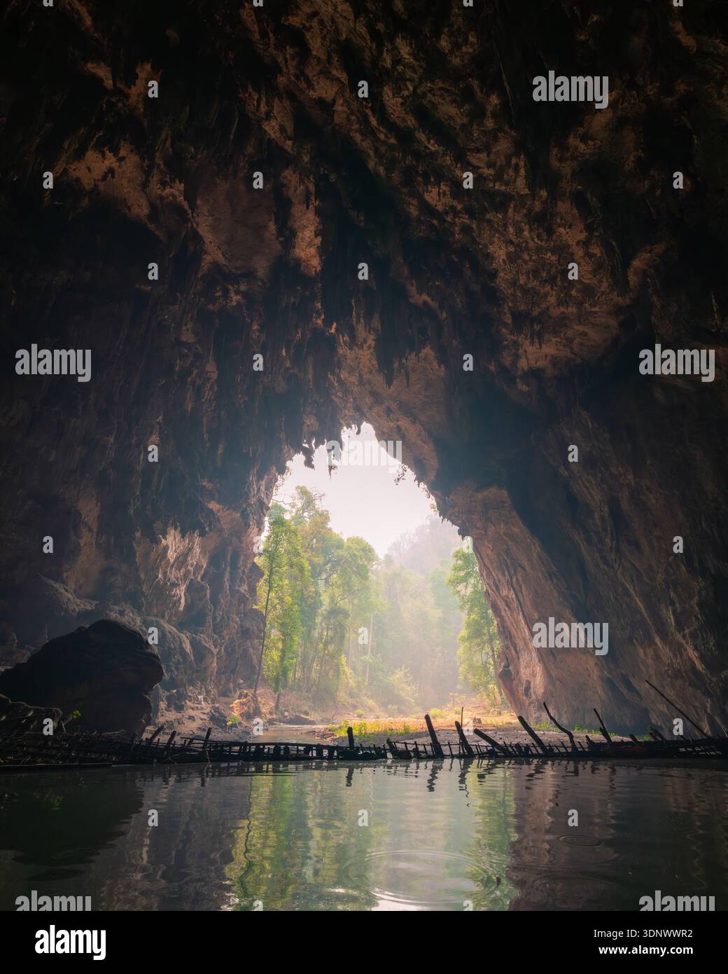 A dramatic cave opening illuminated by soft daylight, with rock ...