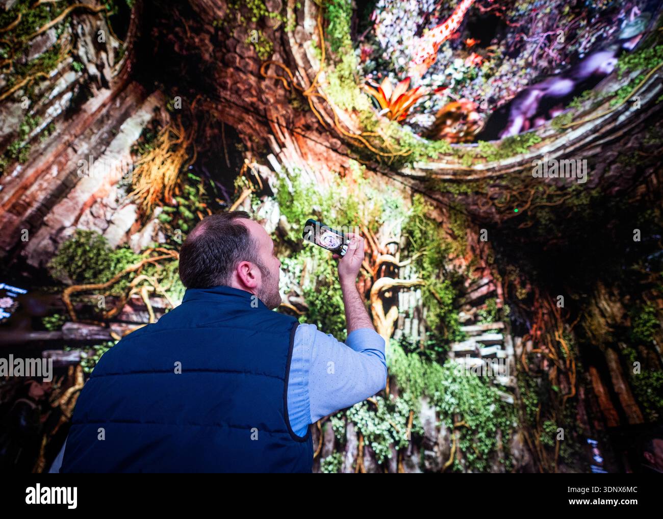 A person looks at an immersive display during the launch of the ...