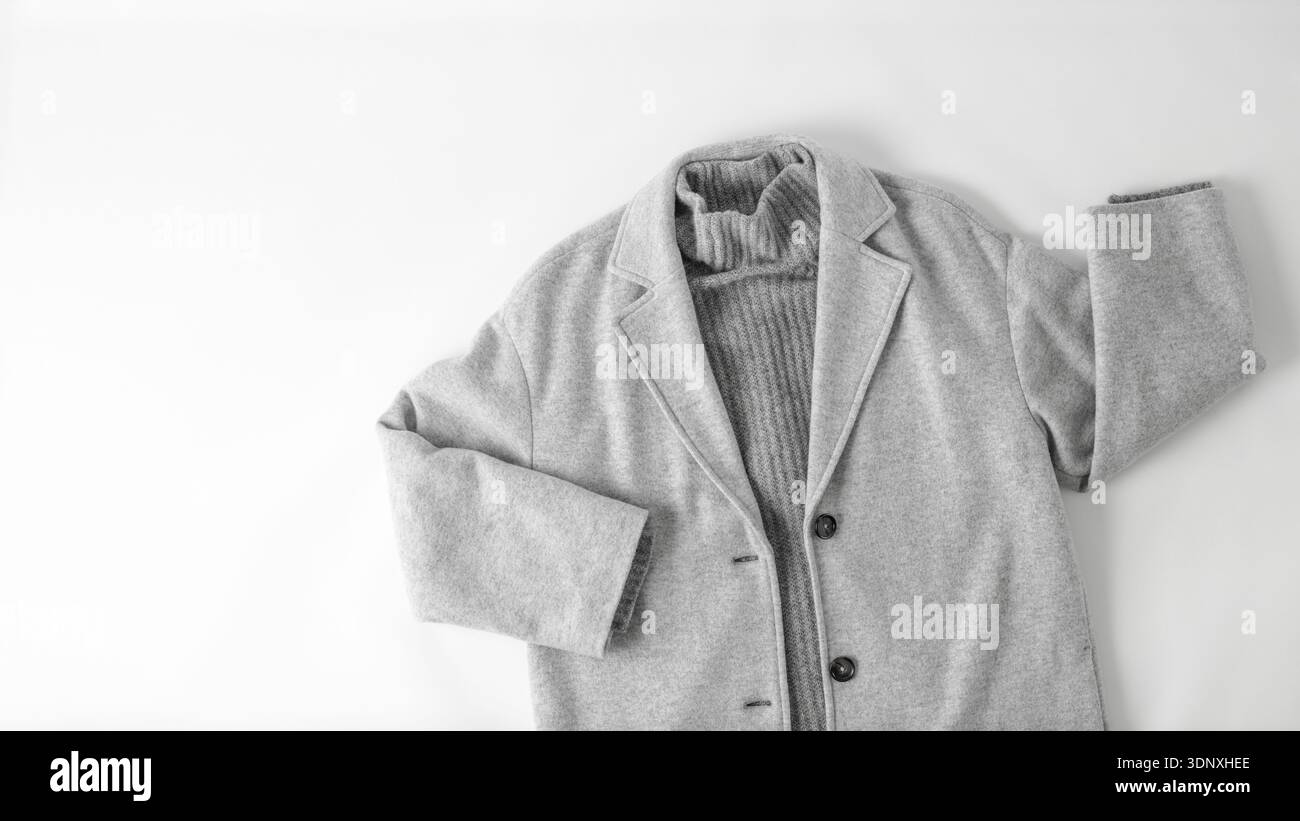 Monochrome look style. Light grey wool coat or jacket and cashmere ...