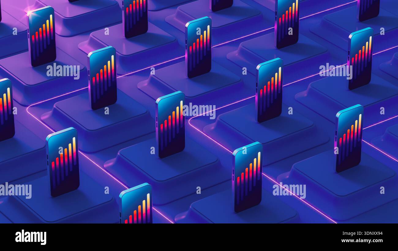 Mobile phones display vibrant graphical connections in a modern ...