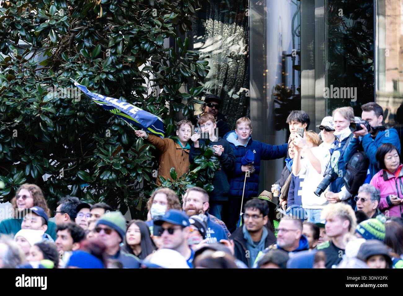 Seattle Seahawks celebrate with fans during the Super Bowl LX ...