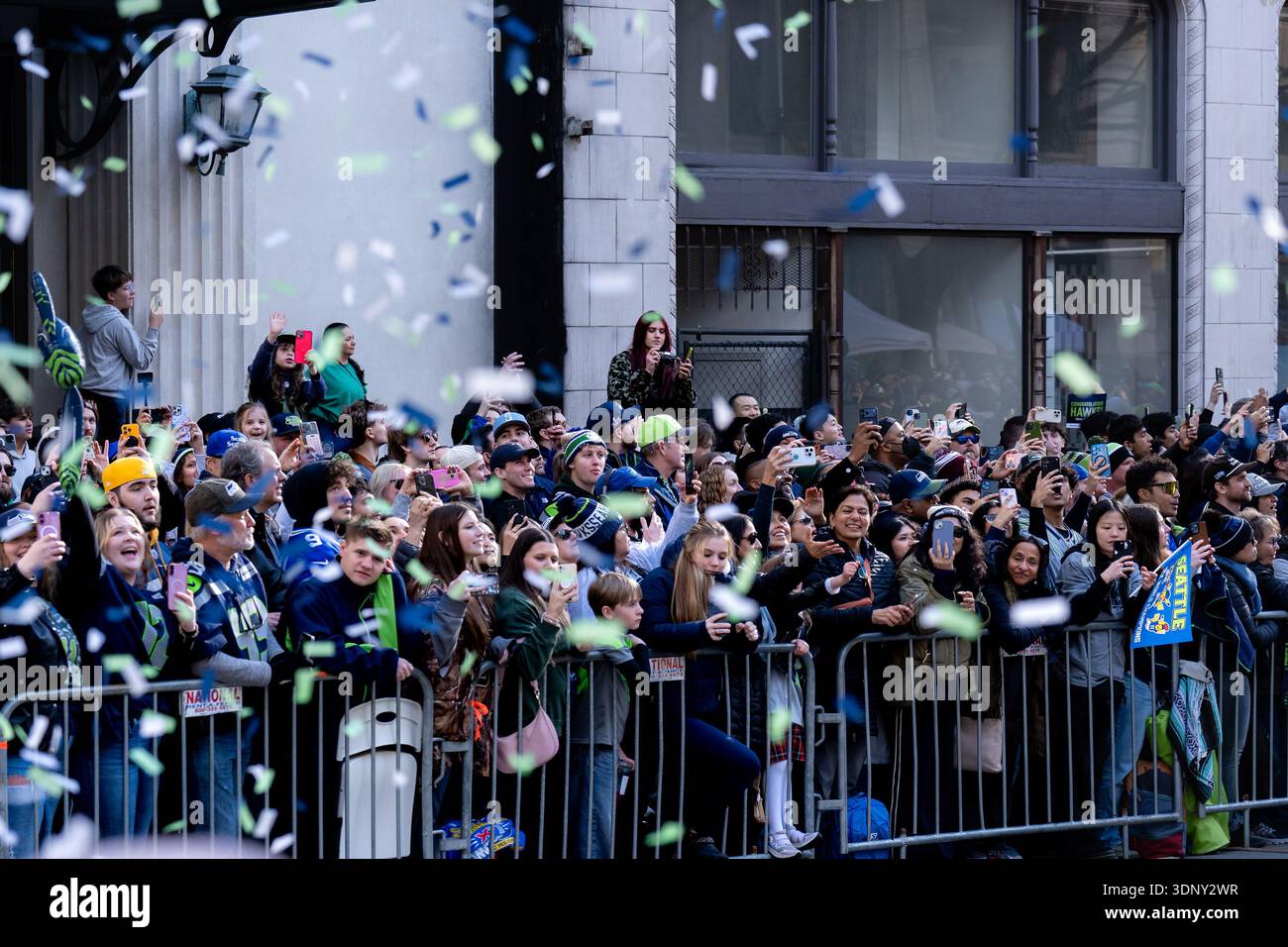 Seattle, WA - Feb. 11, 2026: Seahawks-colored confetti falls across the ...